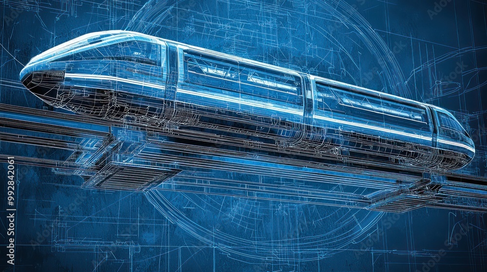 Blueprint for a futuristic monorail system, illustrating sleek train ...