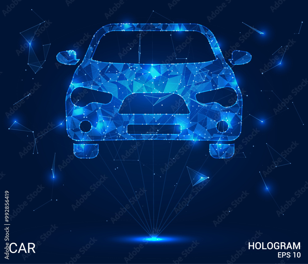Hologram car. Car made of polygons, triangles, dots, and lines. Low ...