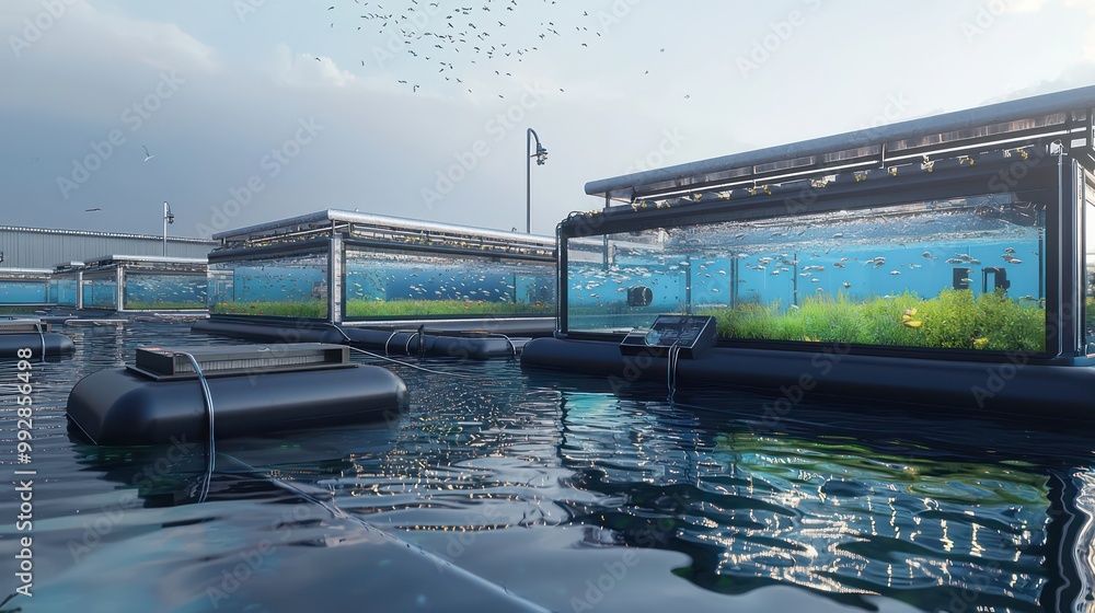 Blueprint of a floating fish farm, detailing ecosystem-friendly ...