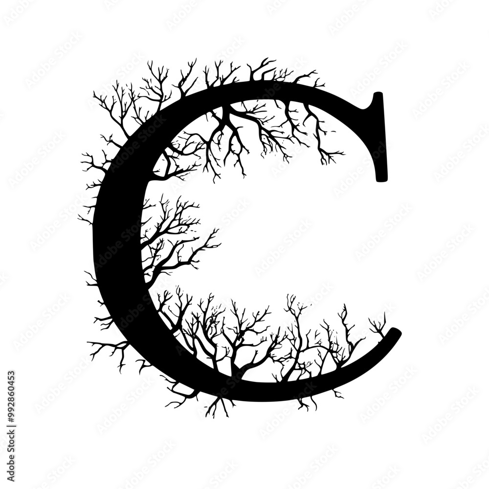 Letter C with Tree Branch Silhouette Art, A bold letter C intricately ...