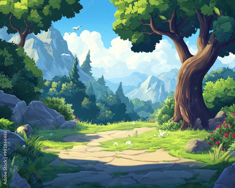 Fantasy 2D cartoon nature landscape background featuring separate ...