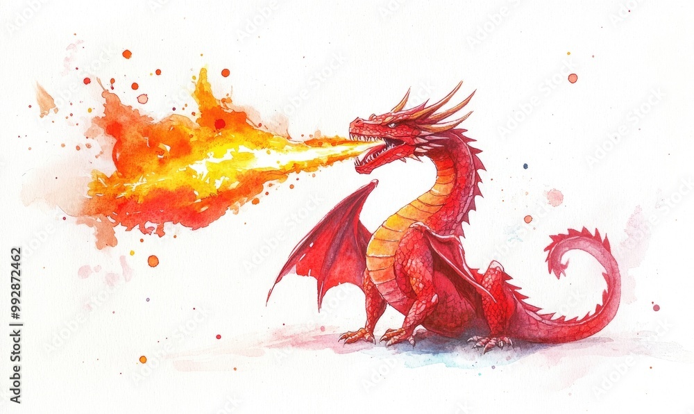 Watercolor illustration of a dragon breathing fire depicted in a side ...