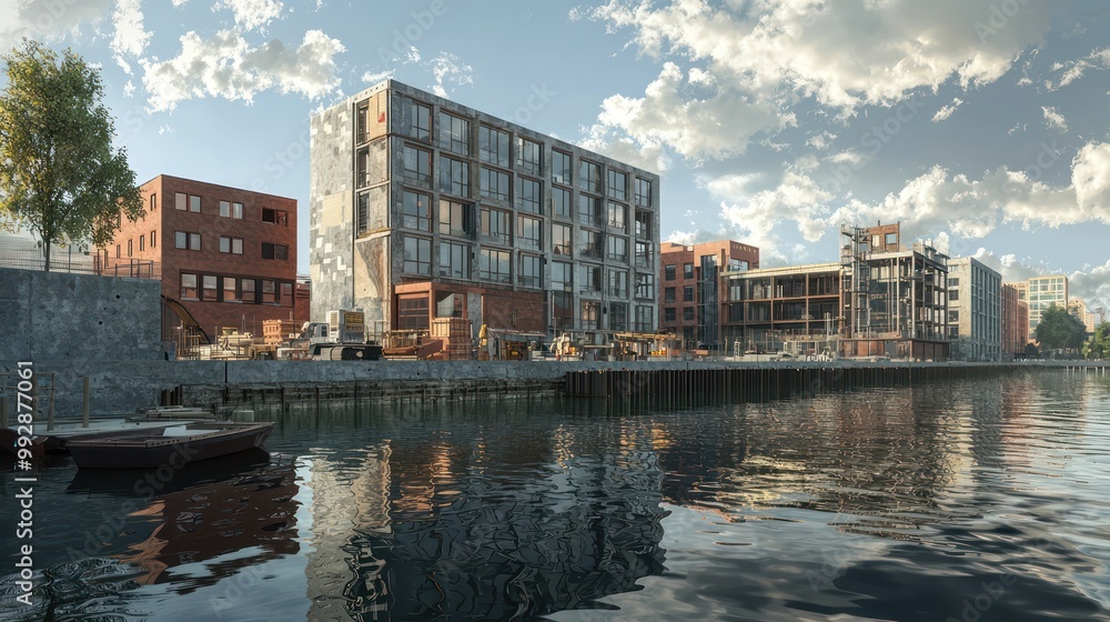 Detailed depiction of a new urban redevelopment project, showing old ...