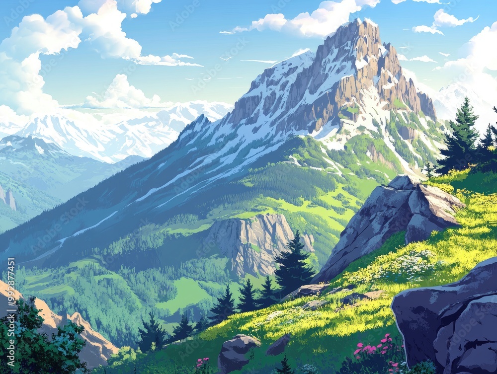 Fantasy themed mountain landscape featuring a 2D cartoon illustration ...