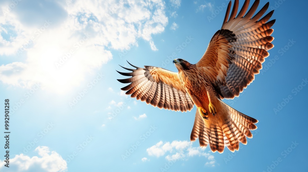 A stunning hawk soars in the clear blue sky with wings fully spread ...