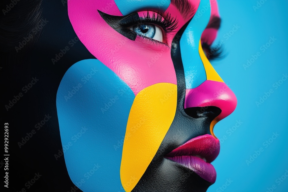 Modernist portrait of a face depicted entirely in CMYK colors Stock ...