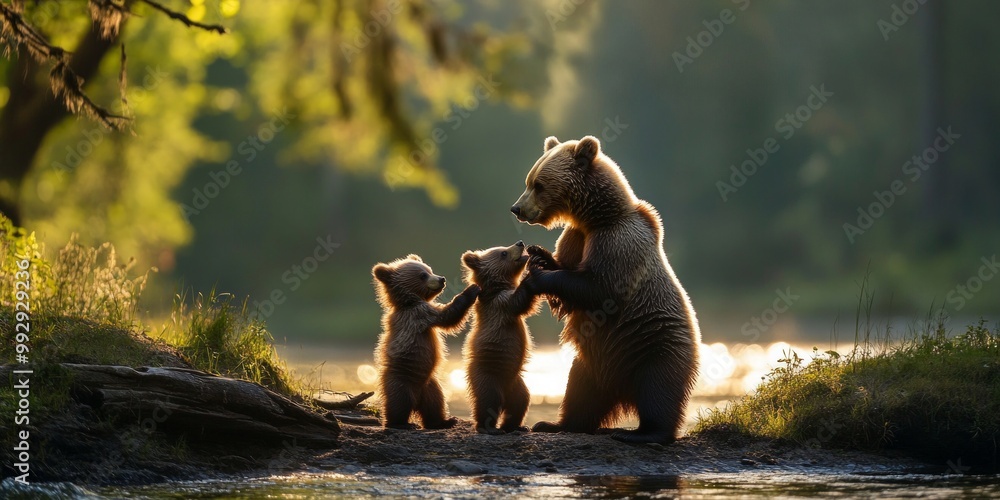 A heartwarming scene of a bear family playing in a peaceful forest by a ...