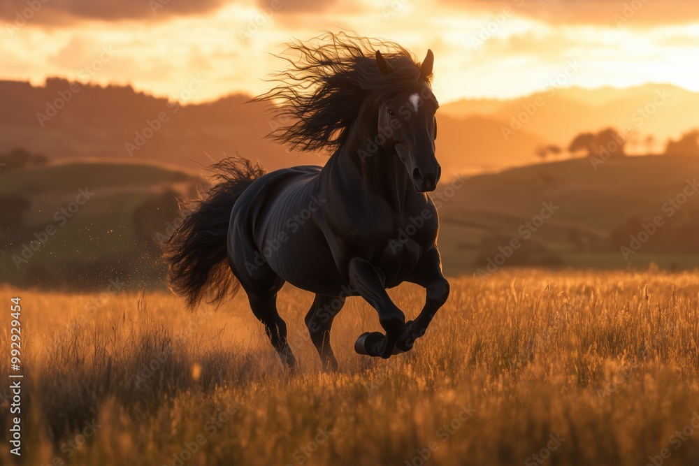 Realistic photo of a galloping Friesian horse at sunset, showcasing its ...