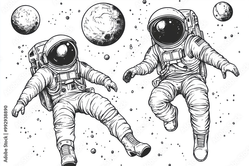 Coloring page of astronauts in space, with bold lines for easy coloring ...