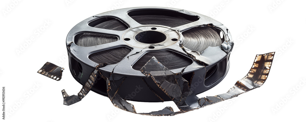 Close-up of an old, damaged film reel with torn tape, ideal for themes ...