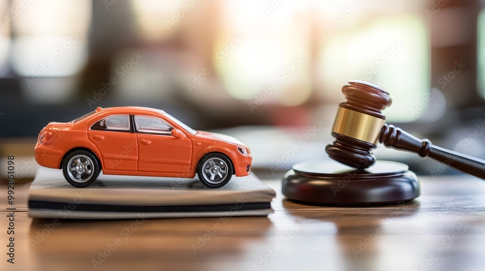 Toy car and gavel on a table symbolize traffic laws and legal ...
