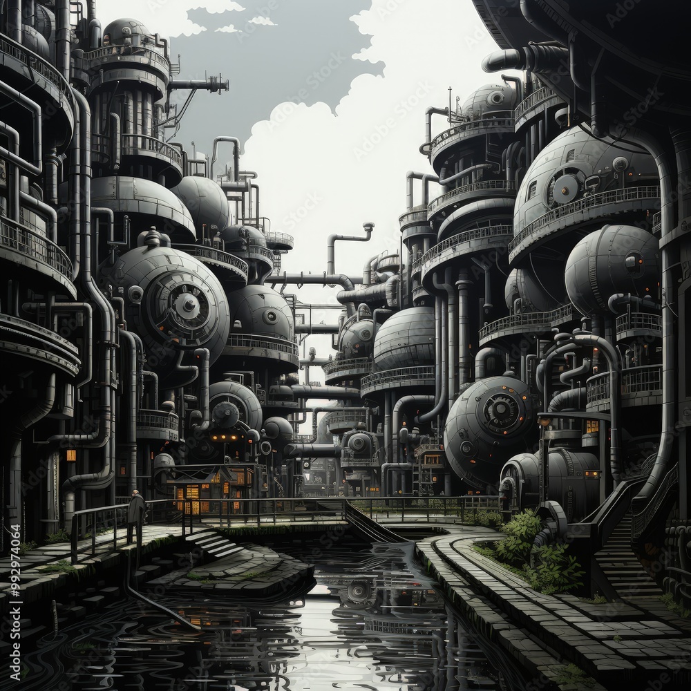 Futuristic City Blueprint Plan Featuring Innovative Factory Designs and ...