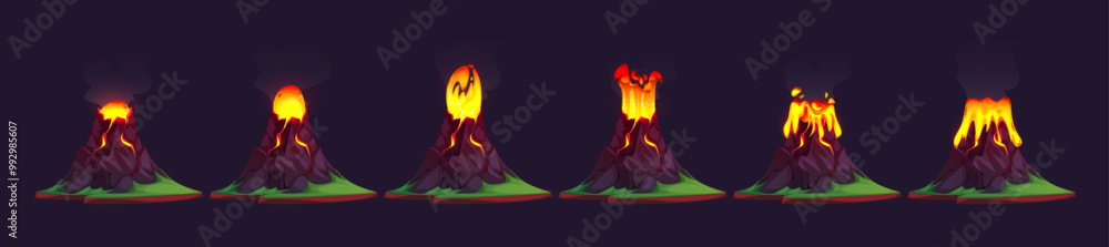 Volcano eruption animation set isolated on black background. Vector ...