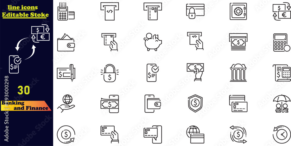 Banking and Finance editable stroke icon collection, featuring icons ...