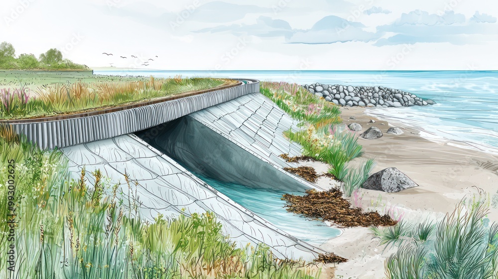 Technical drawing for a coastal erosion barrier, using innovative ...