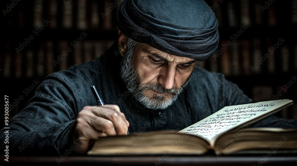 A focused man in traditional attire, deeply engaged in writing a ...