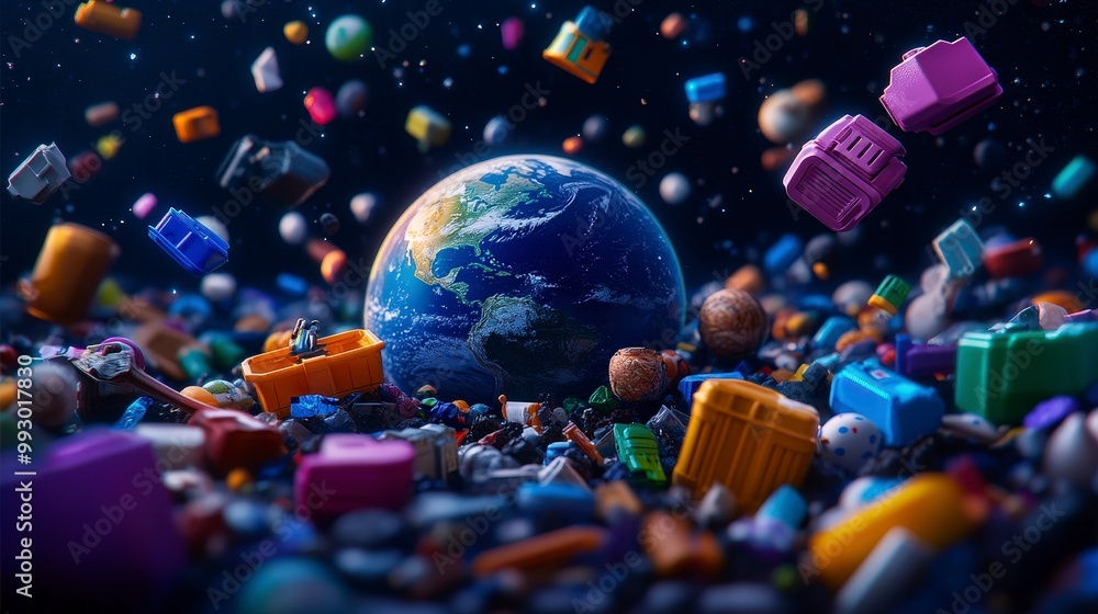 Earth surrounded by floating plastic waste in space depicting pollution ...