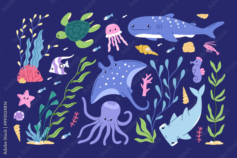 Underwater sea animals, algae set. Cute marine fauna, under water ...