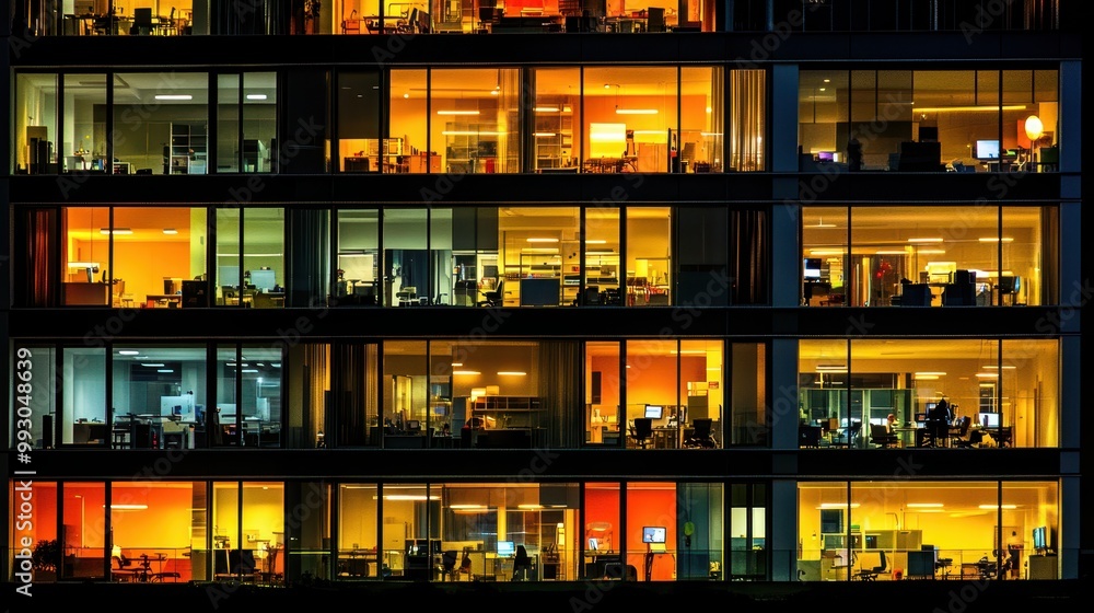 Lit office building windows glow warm against the blue evening, showing ...