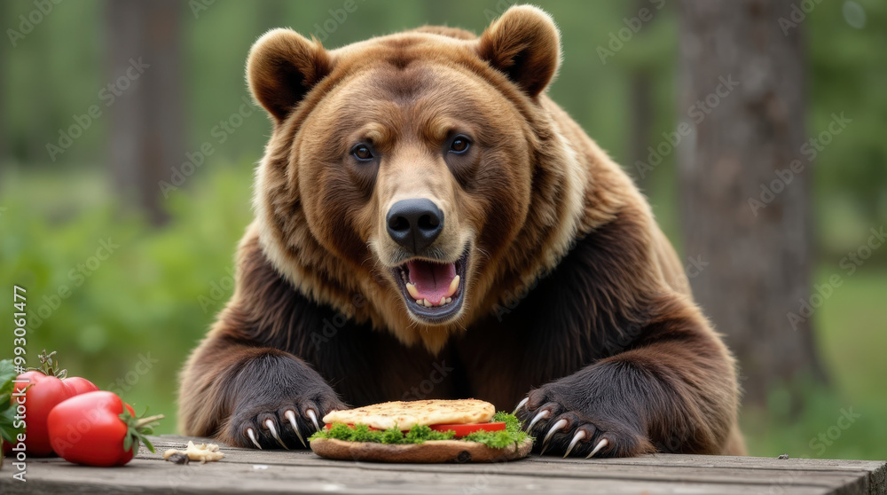 Grizzly Bear Enjoying a Picnic Snack at a Forest Table - Humorous ...