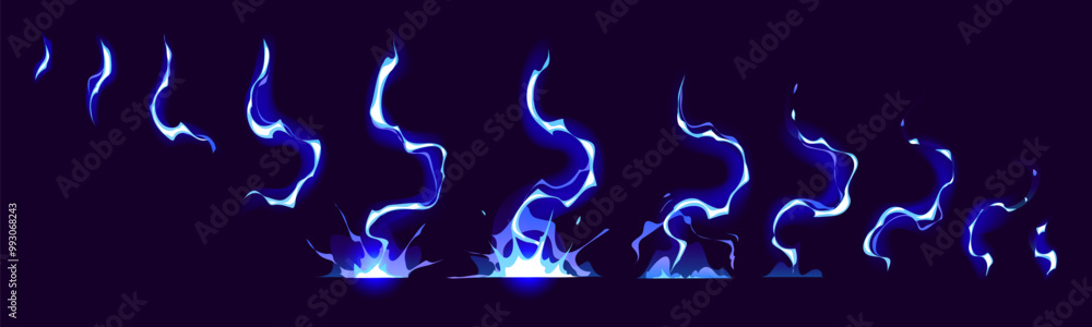 Lightning sprite animation, cartoon thunderbolt sprite sheet. Vector blue storm bolt ...