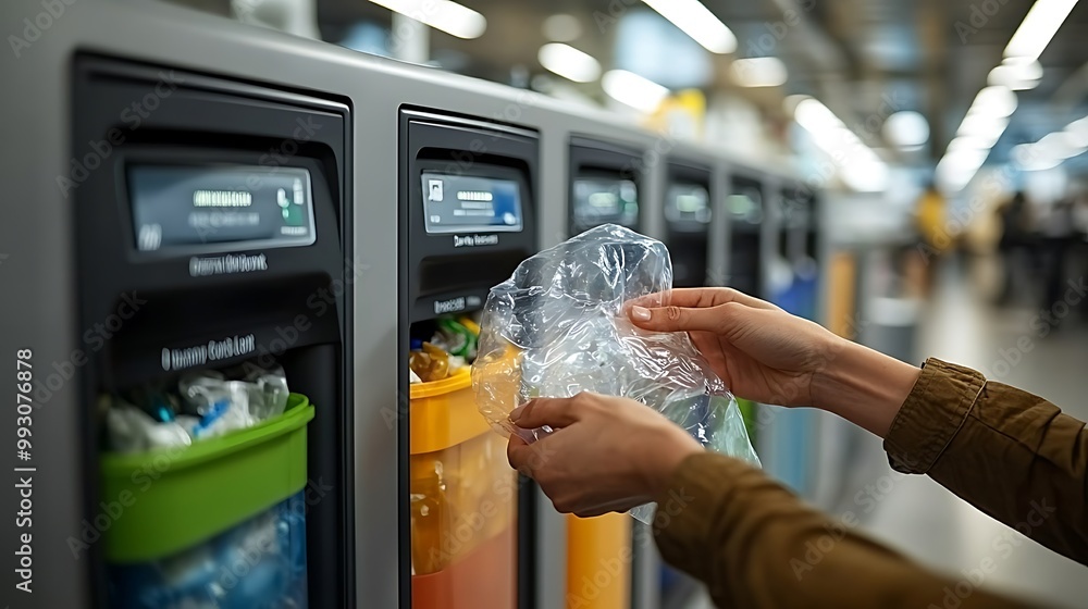 Hands placing plastic waste into a recycling bin in a modern office setting, with clearly ...