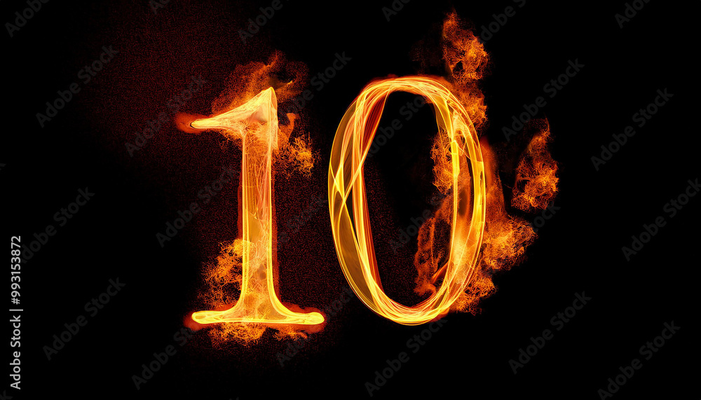 Number 10 ten made of fire flame on black background. Hot orange blaze ...