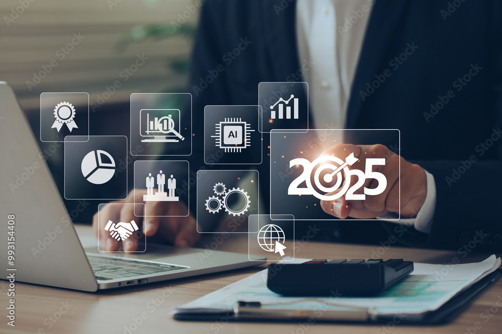 2025 New Year business goals concept. businessman touching target icon on virtual screen with ...