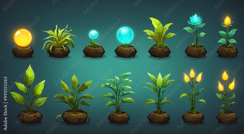 Set of cartoon plant sprites with glowing orbs Stock Illustration ...