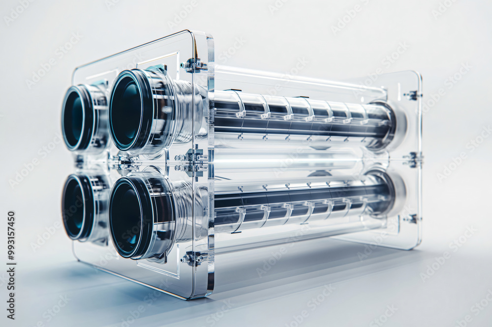 Hydrogen fuel cell is shown with its inner workings visible, demonstrating the process of ...