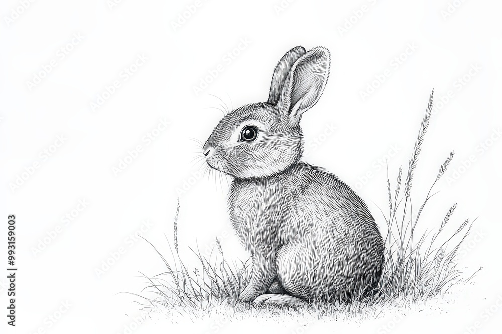Pencil sketch of a rabbit sitting in grass, capturing the soft, gentle ...