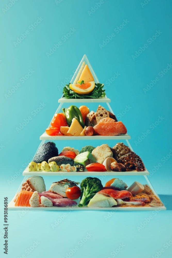 A colorful food pyramid showcasing various food groups for healthy ...