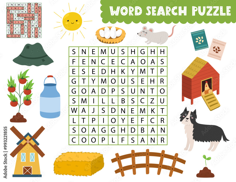 Word search puzzle with cute farm objects and characters. Find the ...