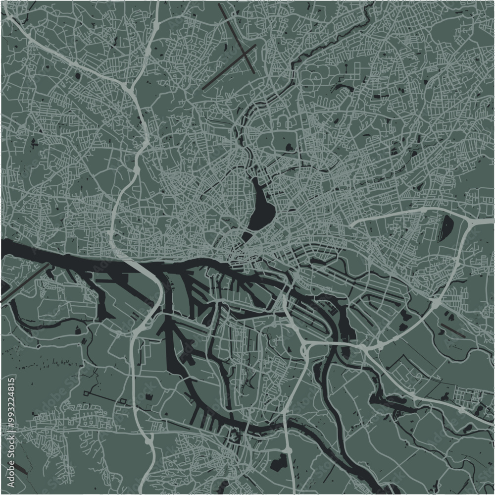 Map of Hamburg in Germany in a smooth dark style. Contains layered vector with roads water ...