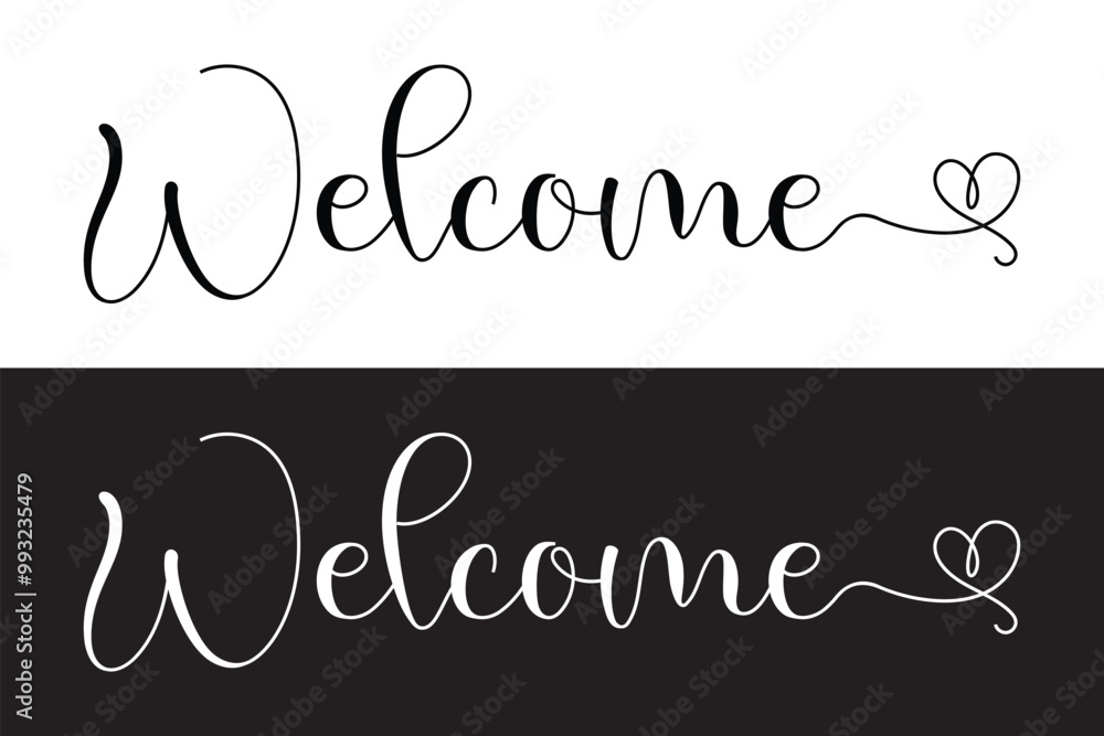 welcome lettering text. Modern calligraphy style illustration. Welcome hand lettering, black ink ...