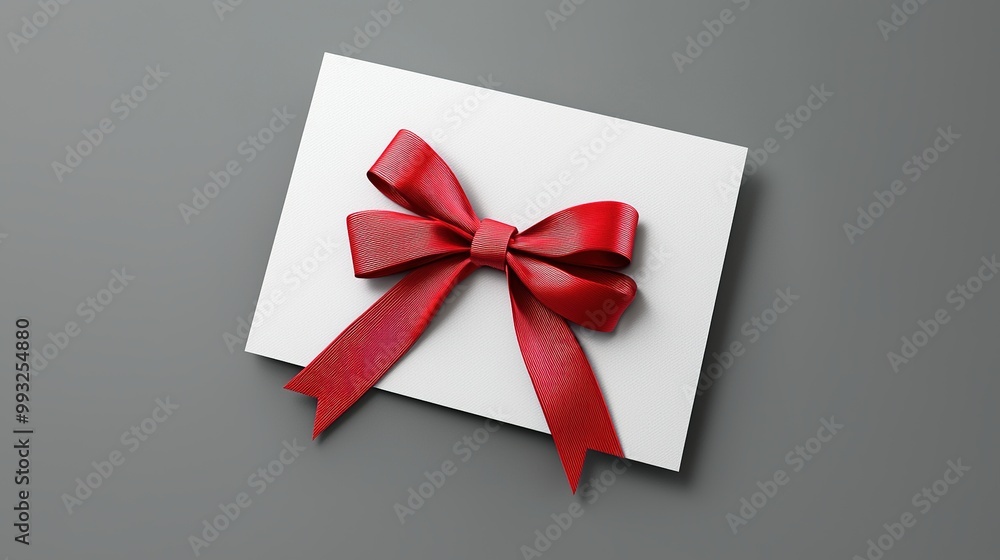 Blank white gift card with red ribbon bow isolated on grey background. Generative Ai Stock ...