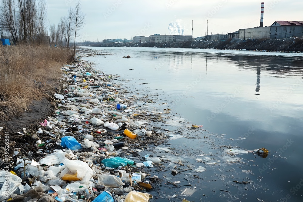 Polluted River Filled with Floating Trash and Industrial Waste in ...