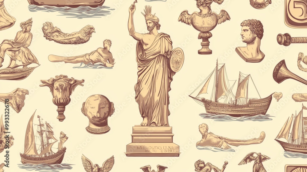 Ancient Greece seamless pattern with statues, boats, and symbols of ...