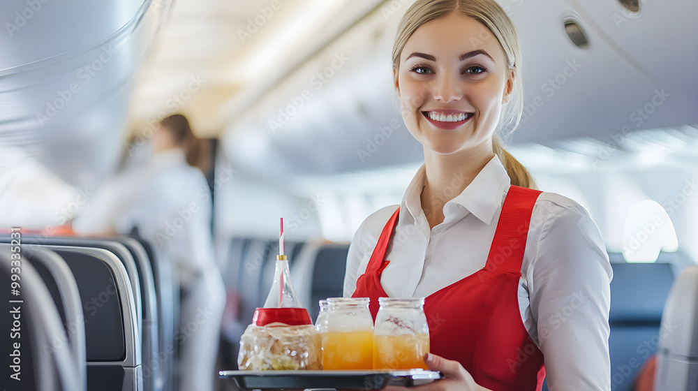 A young female flight attendant smiles while serving food and drinks on ...