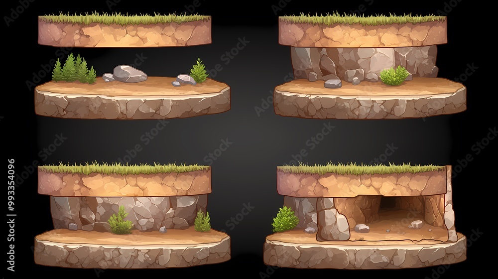 Set of game levels, side-view flat stone platforms with grass on top ...