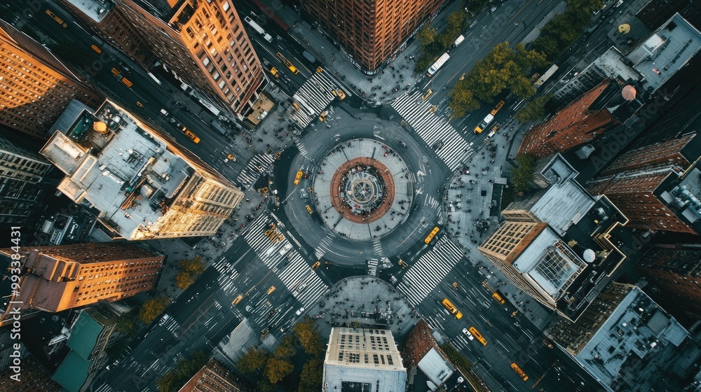 Aerial perspective of a city intersection with a circular plaza, with ...