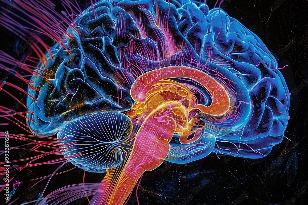 Vibrant color-coded brain illustration showcases neural pathways, lobes ...