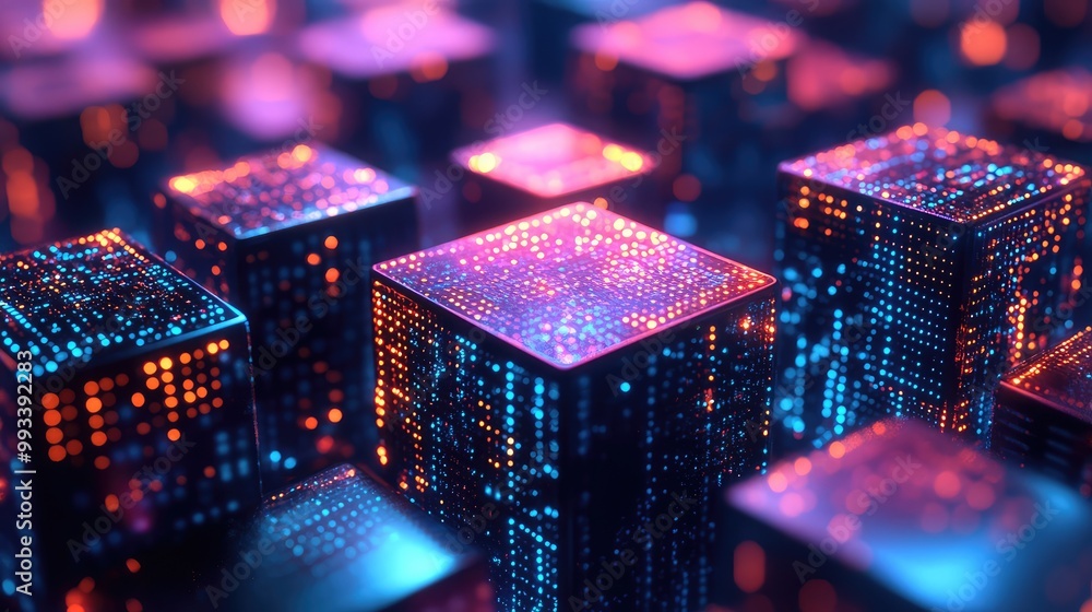 Digital geometric structure of interconnected shapes, with glowing ...