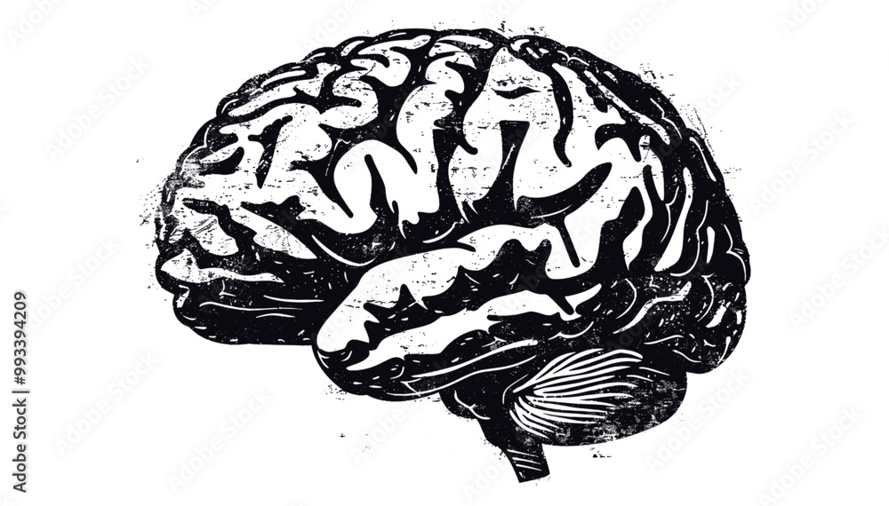 Retro human brain illustration stamp with distressed grunge texture ...