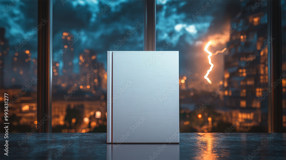 Blank book mockup with dramatic stormy sky and lightning over city for ...