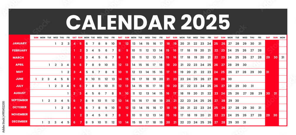 Linear calendar for 2025. Horizontal or Landscape orientation grid 2025 ...