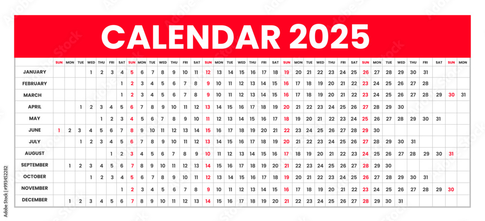 Linear calendar for 2025. Horizontal or Landscape orientation grid 2025 ...