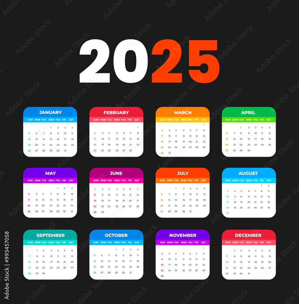 colorful 2025 calendar template week starts on Sunday. 2025 calendar design. Stock Vector ...