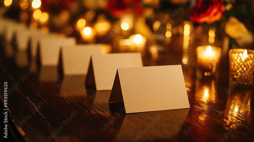 Simple Wedding place cards, arranged on wooden tables in an elegant ...