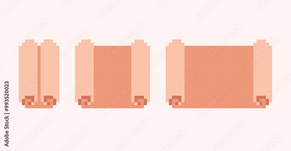 Ancient scroll, old papyrus pixel art set. Rolled manuscript collection ...